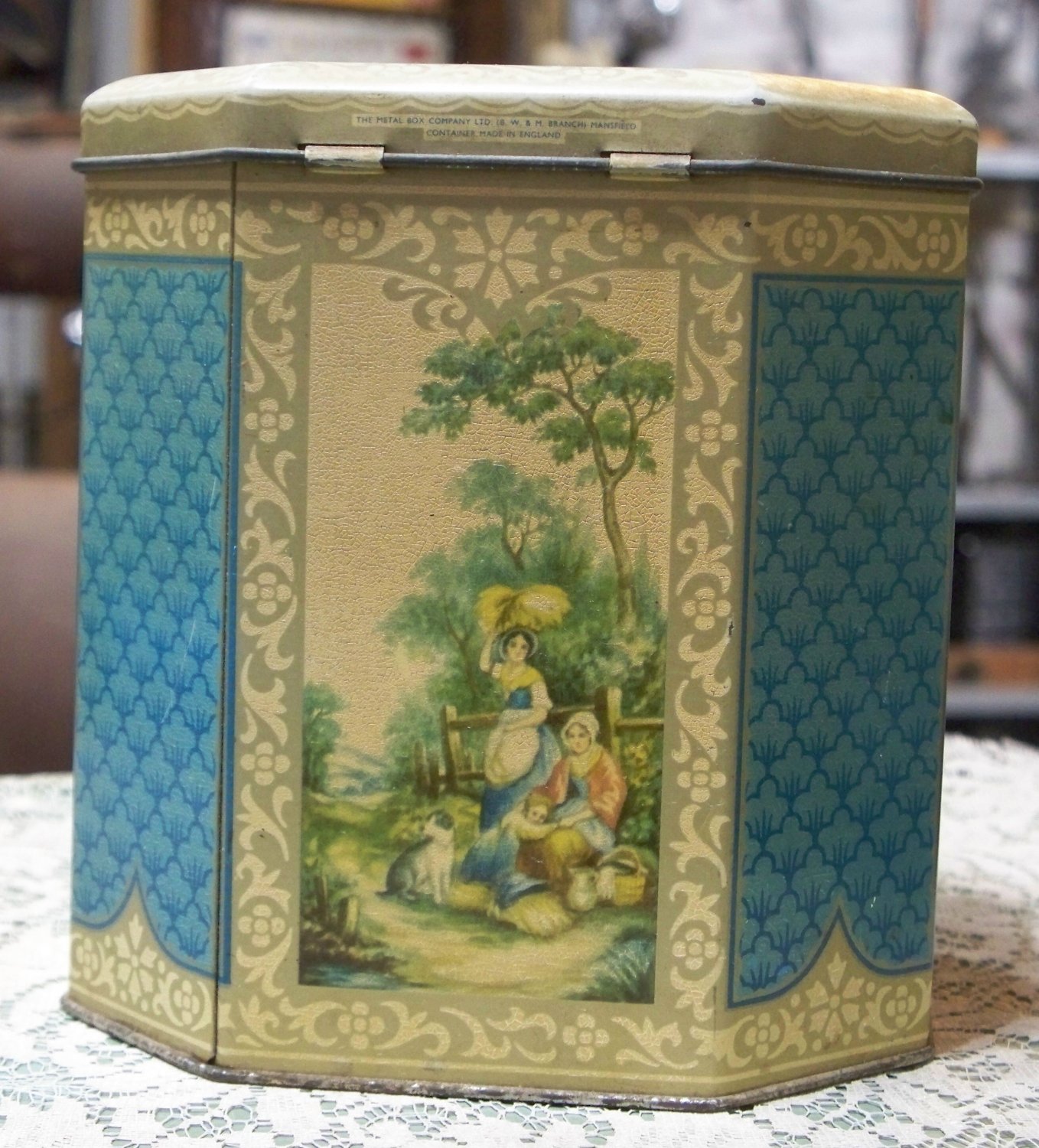 The Metal Box Company octagon shaped hinged lid vintage tin container used