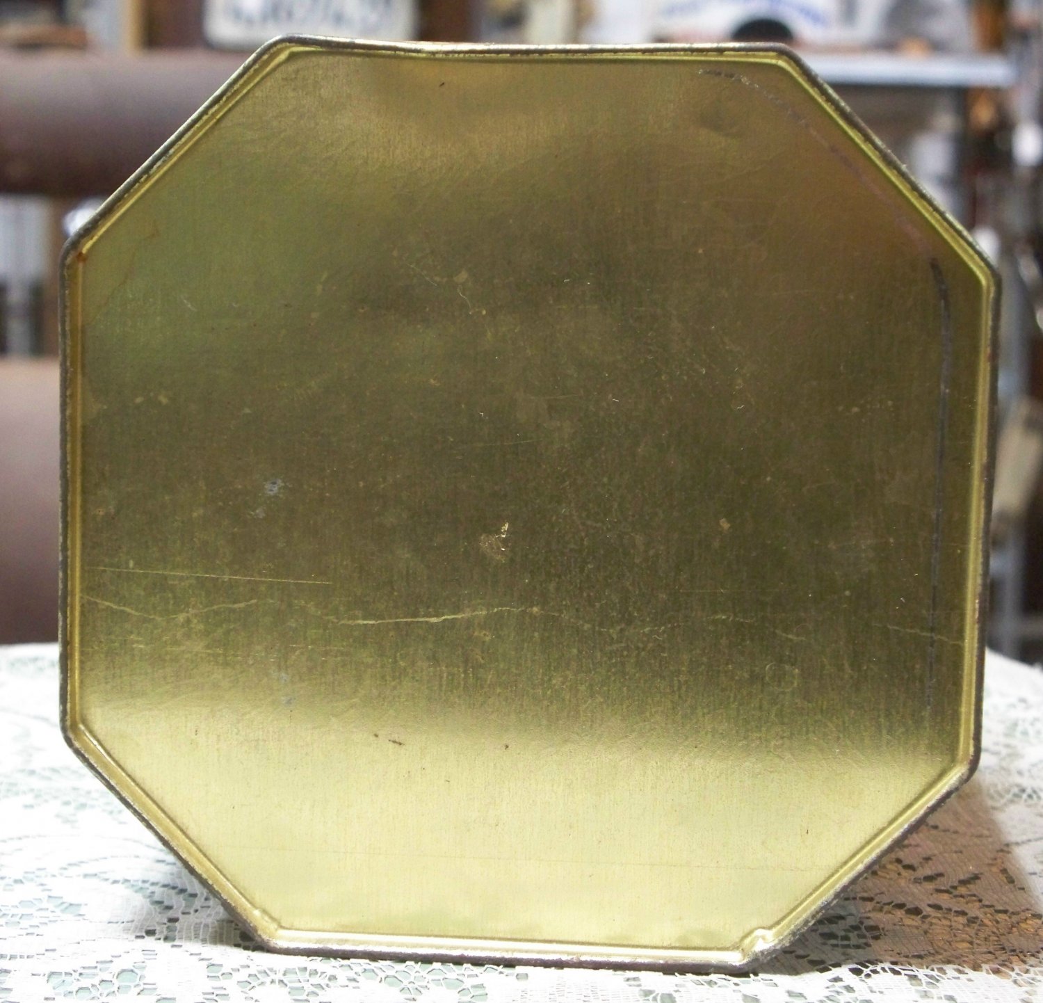 The Metal Box Company octagon shaped hinged lid vintage tin container used