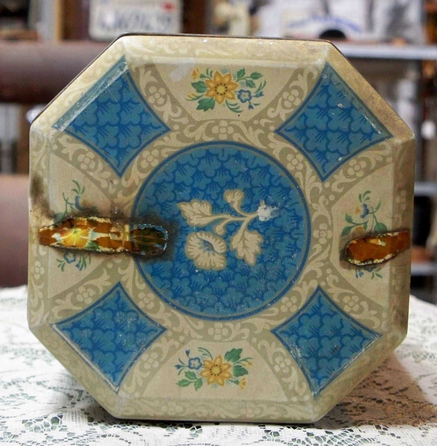 The Metal Box Company octagon shaped hinged lid vintage tin container used