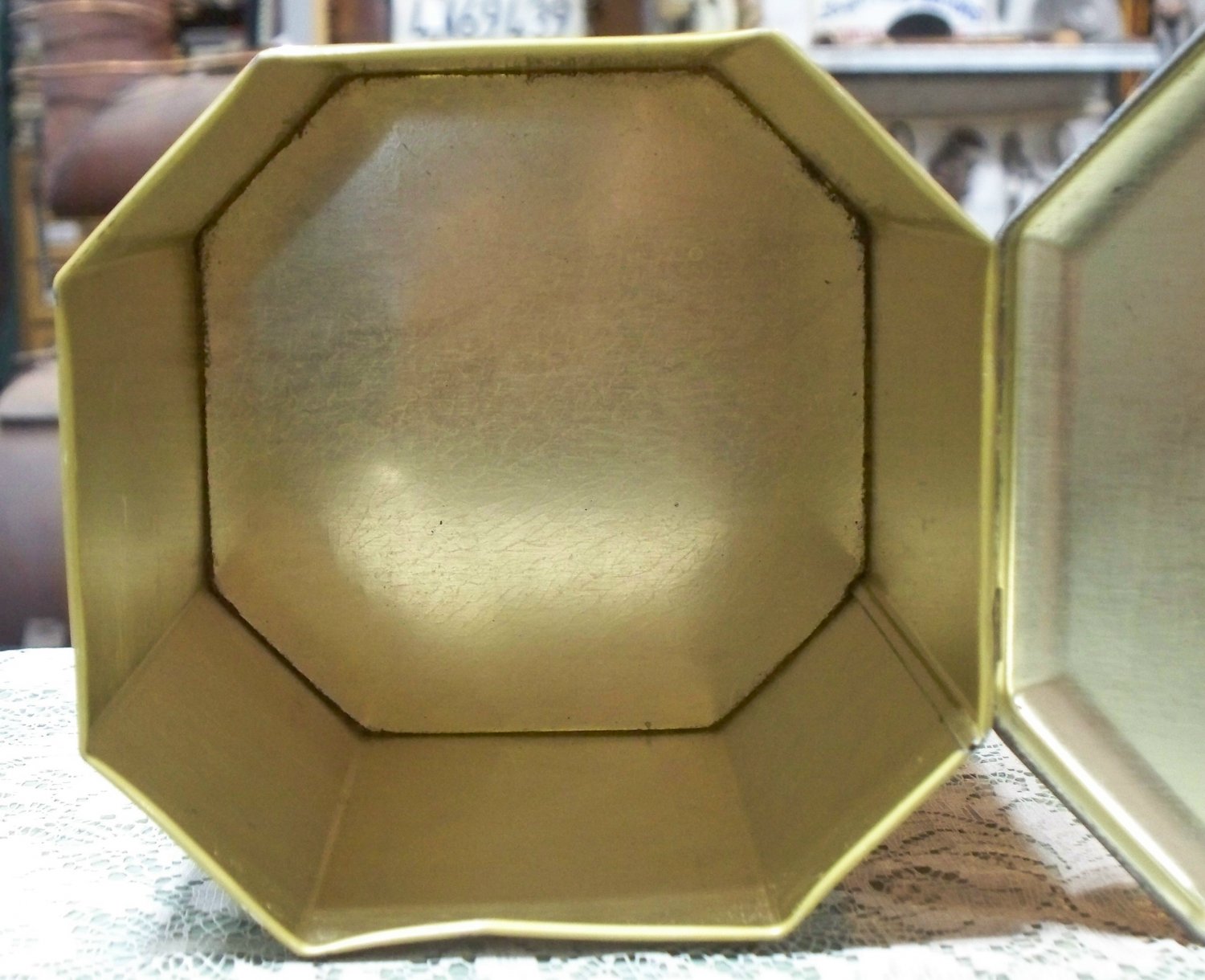 The Metal Box Company octagon shaped hinged lid vintage tin container used