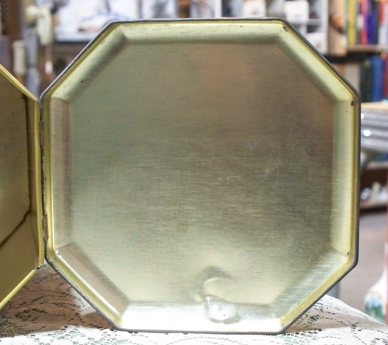 The Metal Box Company octagon shaped hinged lid vintage tin container used