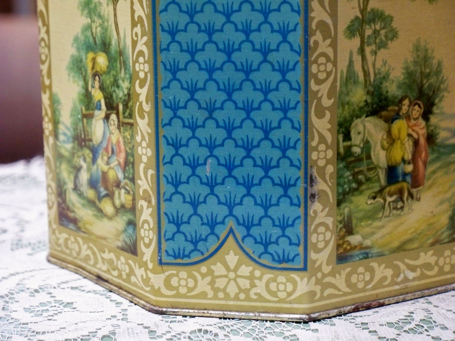 The Metal Box Company octagon shaped hinged lid vintage tin container used