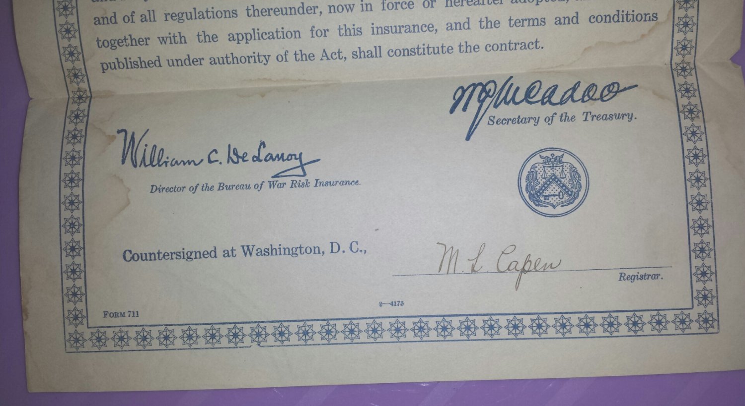 Vintage Antique 1918 BUREAU OF WAR RISK LIFE INSURANCE ORIGINAL ...