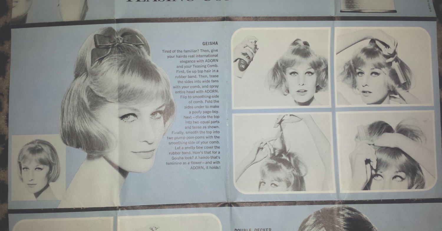 1960s ADORN HAIR SPRAY Beauty Ad w/ Hairstyle Teasing Tricks Step By ...