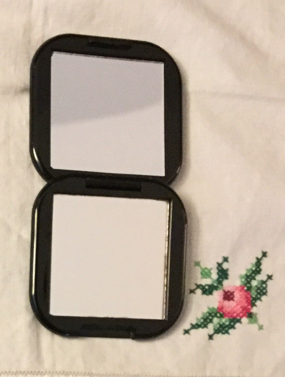 Vintage 80s AVON Black Floral Enamel 2 Sided Handheld Compact Mirror