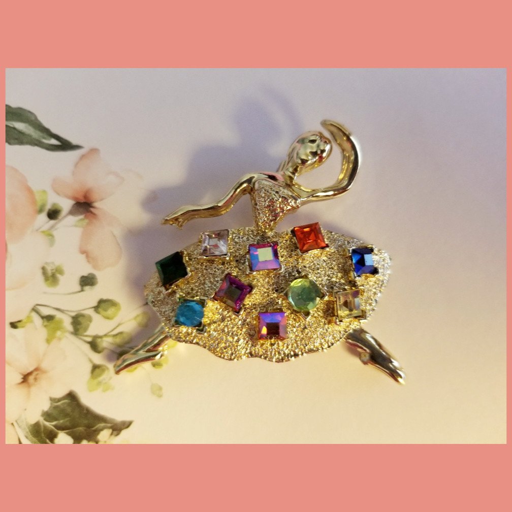 Vintage Multicolor Gemstones Dancing Ballerina Pin Brooch