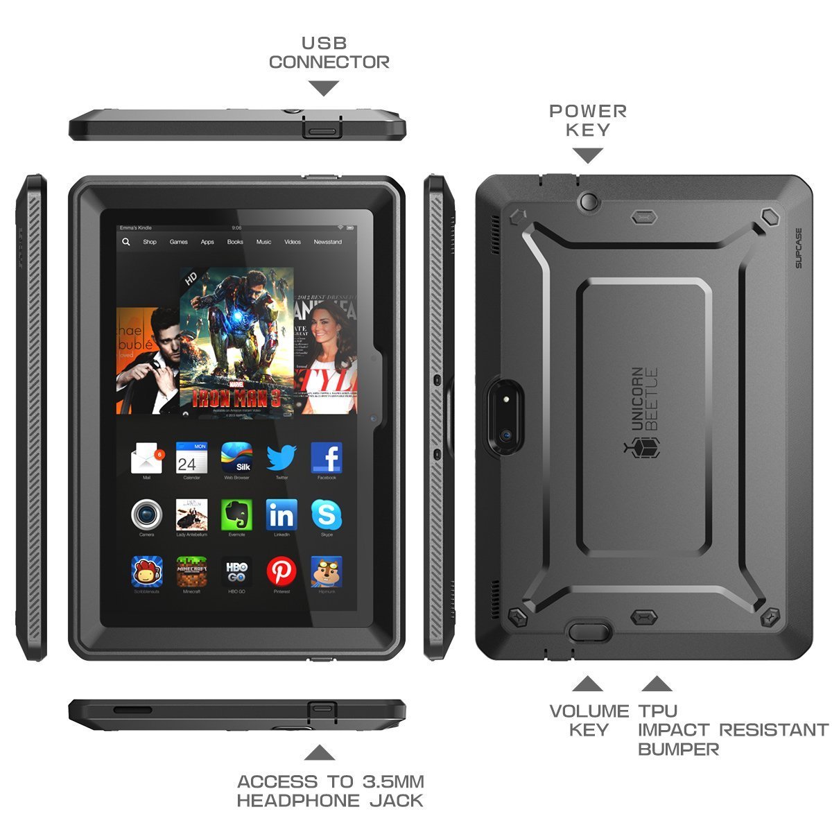 SUPCASE [Heavy Duty] Amazon Fire HDX 8.9 Case (4th Generation) Black ...