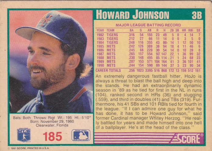 Howard Johnson #185 - Mets Score 1991 Baseball Trading Card