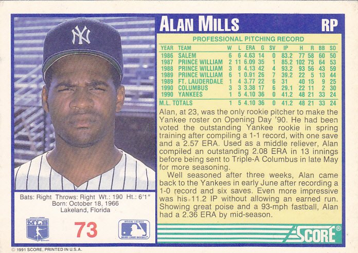 Alan Mills #73 - Yankees 1991 Score Baseball Trading Card