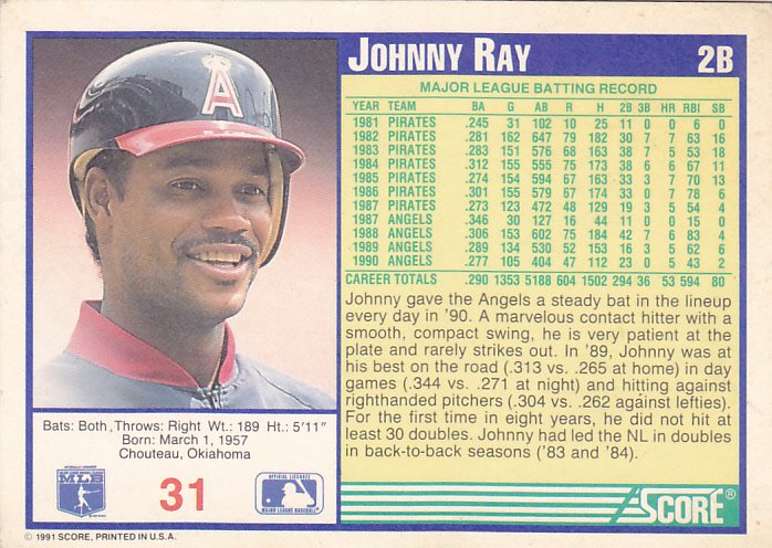 Johnny Ray #31 - Angels 1991 Score Baseball Trading Card