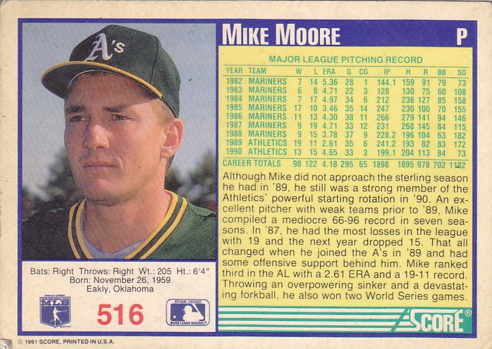 Mike Moore #516 - Athletics 1991 Score Baseball Trading Card
