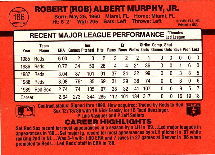 Rob Murphy #186 - Redsox 1990 Donruss Baseball Trading Card