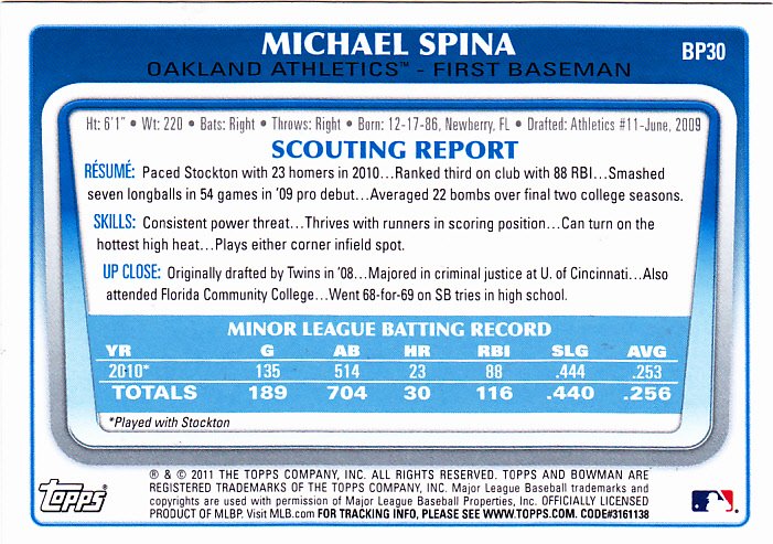 Michael Spina #BP30 - Athletics 2011 Bowman Auto Baseball Trading Card