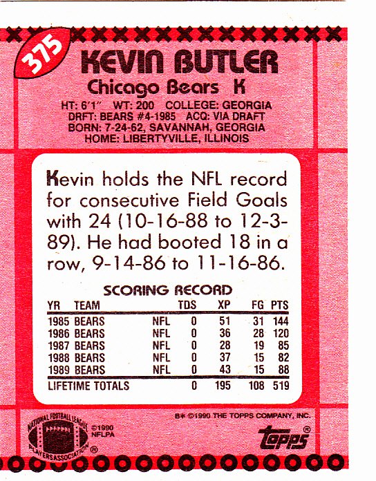 Kevin Butler #375 - Bears 1990 Topps Football Trading Card
