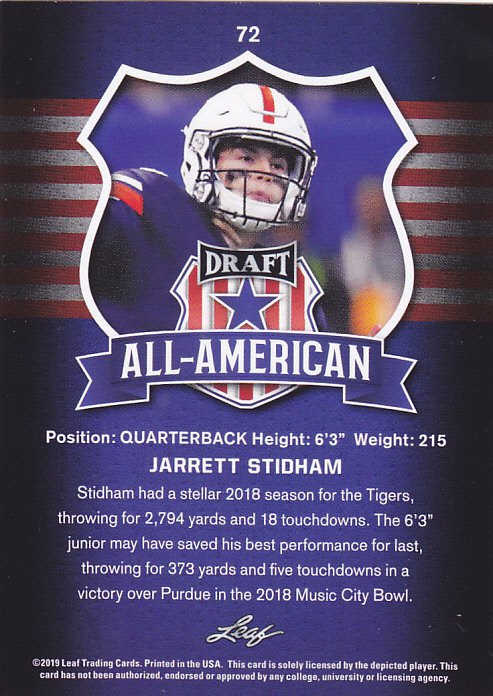 Jarrett Stidham #72 - Patriots 2019 Leaf Rookie Football Trading Card