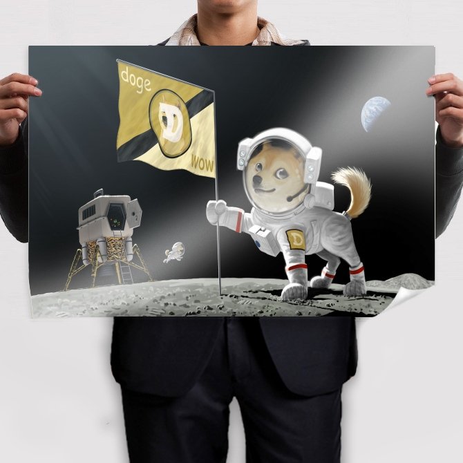 Doge Dog Astronaut Meme Moon Landing Earth Planet Flag Poster 36x24 inch