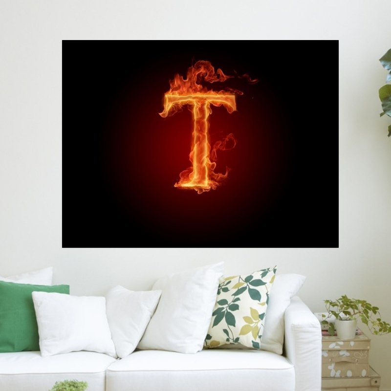 Burning Fire Letter T Art Poster Print 24x18 inch