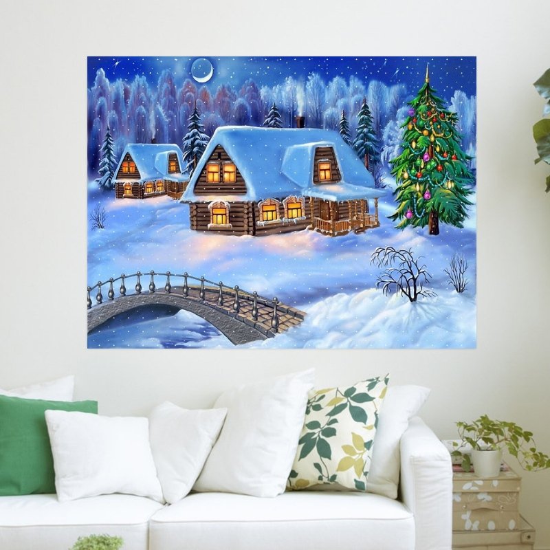 Peaceful Christmas Night In A Log Cabin Art Poster Print 24x18 inch