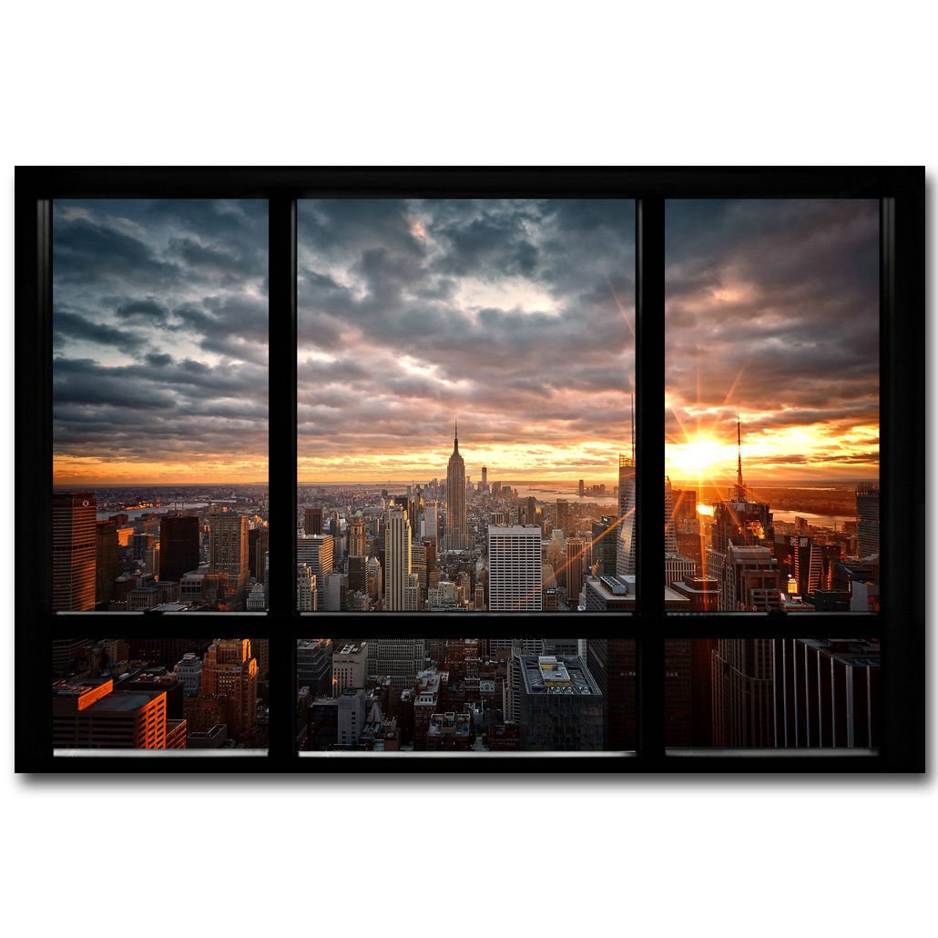 New York City Sunset Skyline Window View Poster 32x24