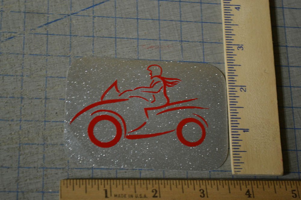 Motorcycle Vinyl Decal Lady Spyder Rider on a Twi-Silver background