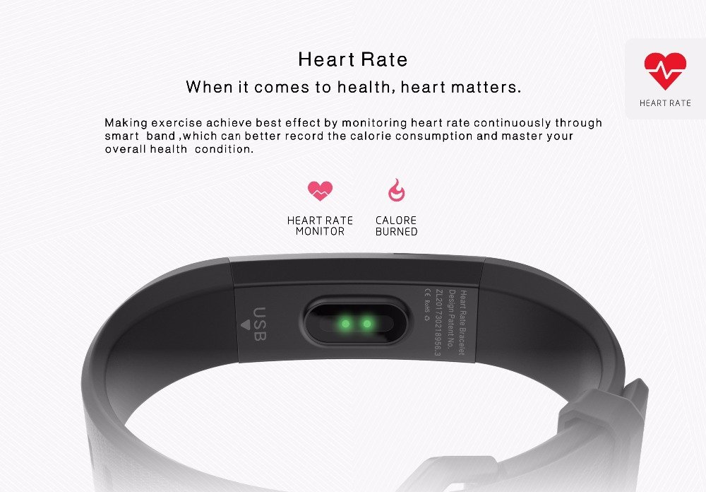 Dynamic Heart Rate Monitor Pedometer Waterproof Smart Wristband USB ...