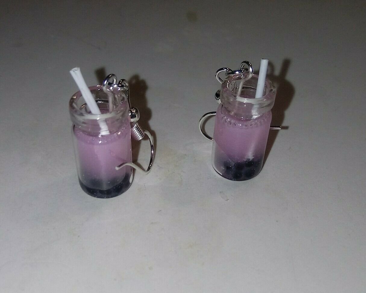 Refreshing Pink Bobo Tea Jar Earrings Silver Wire Drinks Resin