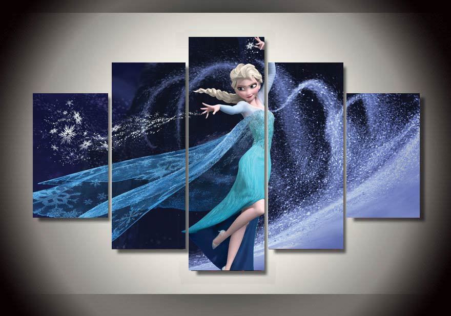 Elsa Disney Princess Frozen Framed 5pc Oil Painting Wall Decor Cartoon art