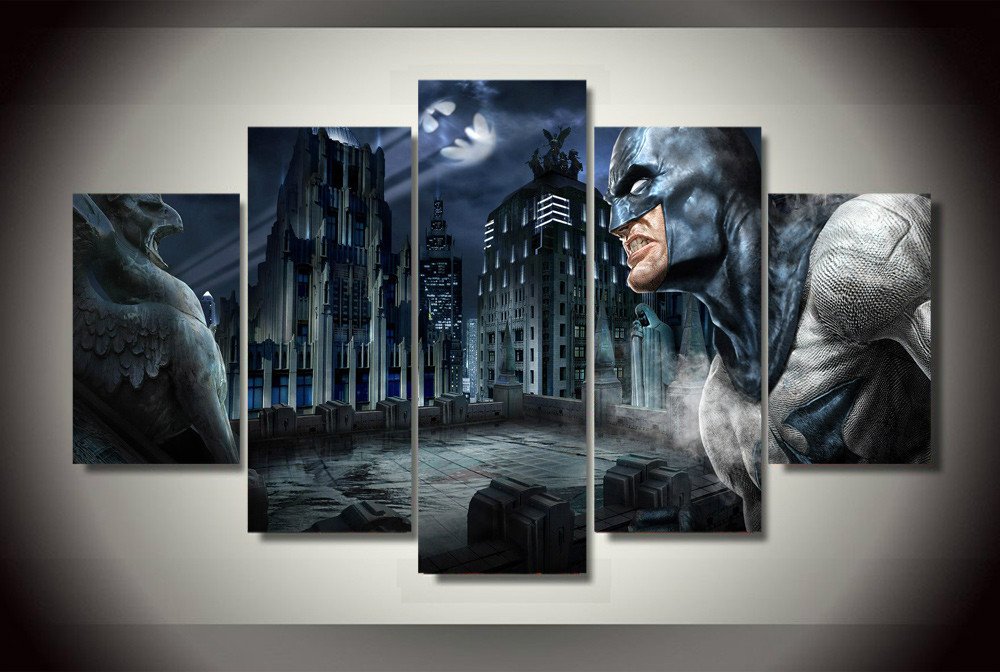 Batman Gotham HD 5pc Wall Decor Framed Oil Painting Art Superhero