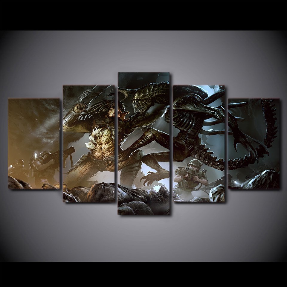 Alien vs Predator Horror Movie Framed 5pc Oil Painting Art HD Wall Decor