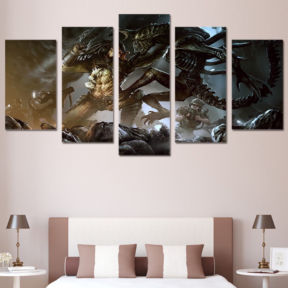 Alien vs Predator Horror Movie Framed 5pc Oil Painting Art HD Wall Decor