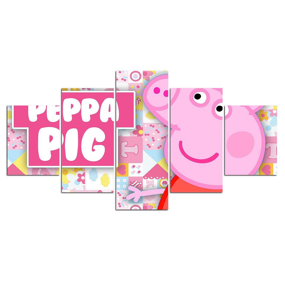 Peppa Pig Cartoon Character Kids Pink HD 5pc Wall Decor Framed Oil Painting