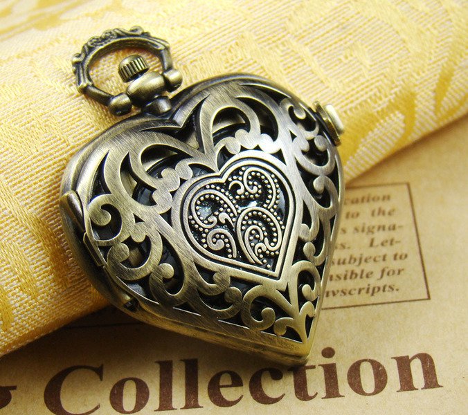Heart Shape Pocket Watch Necklace Bronze