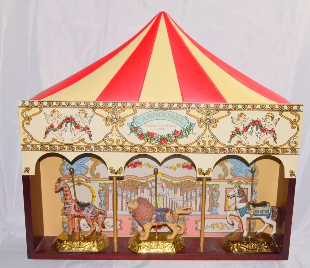 Jack Hou 1990 Galloping Carrousel Display with Giraffe Lion Horse Figurines