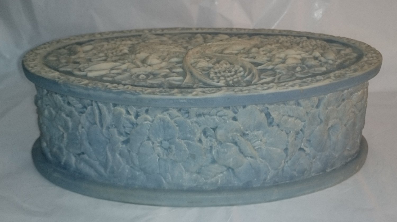 Vintage Incolay Stone Birds of Paradise Floral Blue Oval Jewelry Box