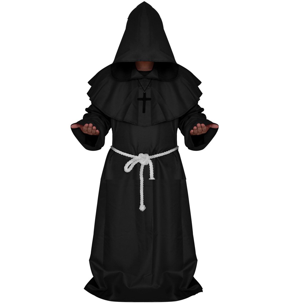 CosplayDiy Men's Cape Star Trek Monk Priest Europe Medieval Hooded Robe Cloak Cape Costume Cosplay