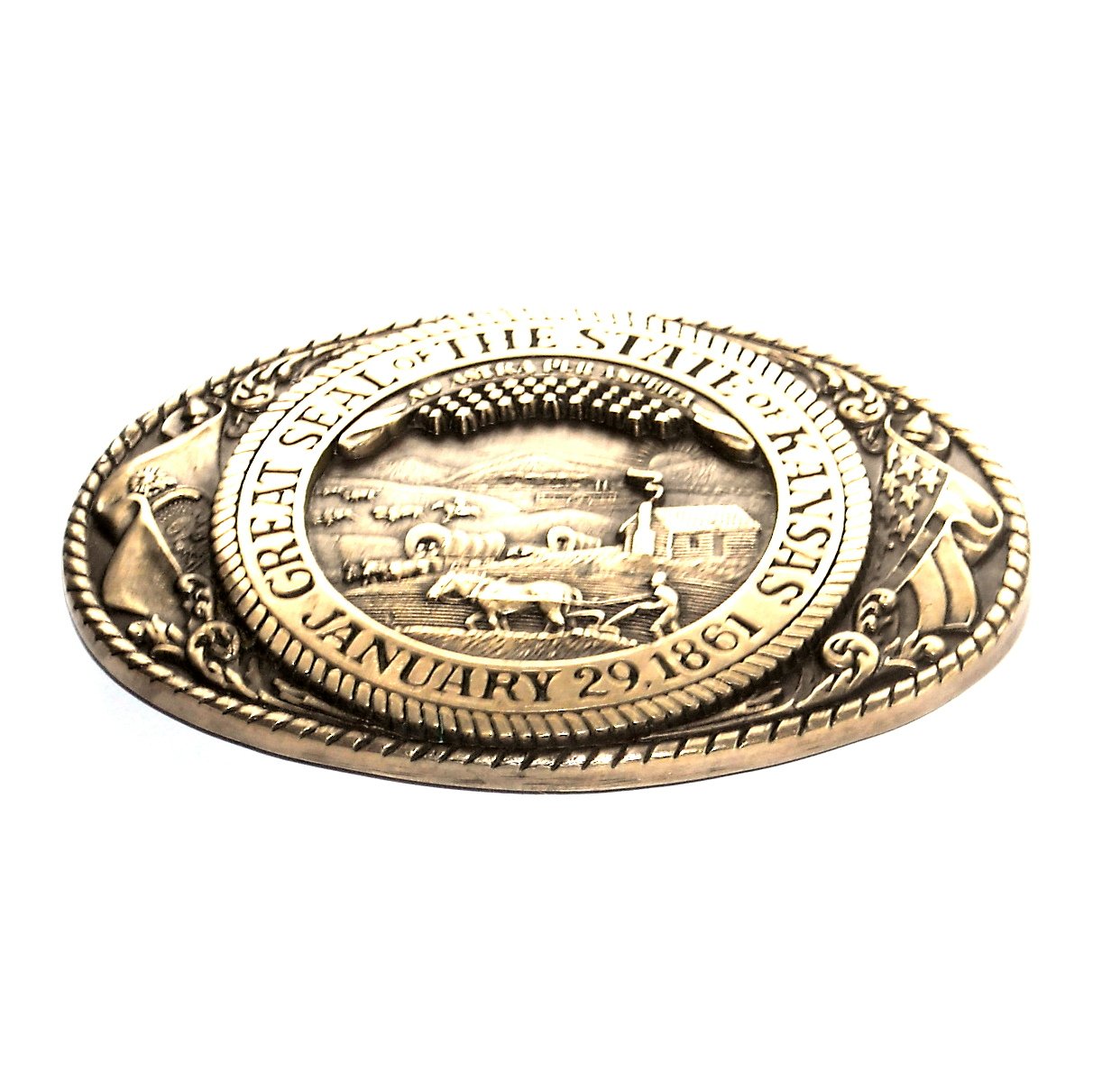 Vintage Tony Lama Kansas State Seal Solid Brass Belt Buckle