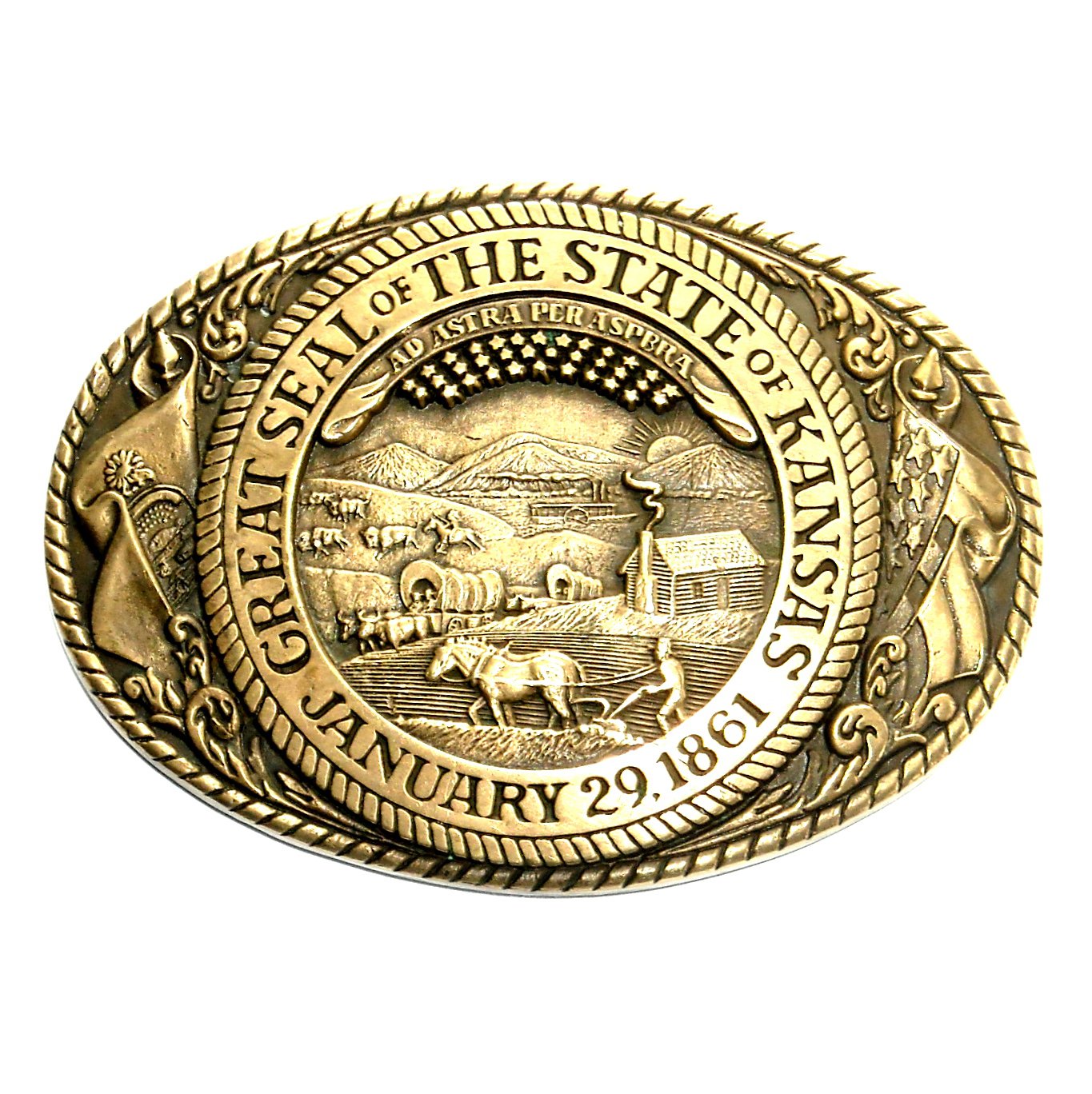 Vintage Tony Lama Kansas State Seal Solid Brass Belt Buckle