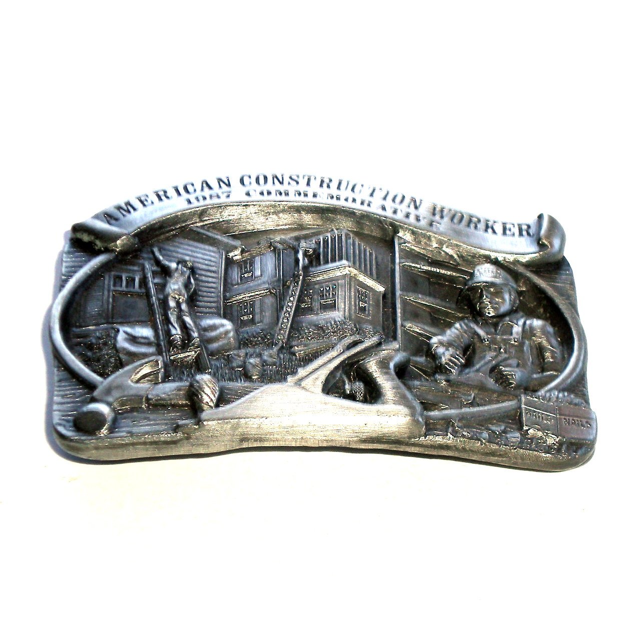 1987 American Construction Worker Vintage US Pewter Belt Buckle