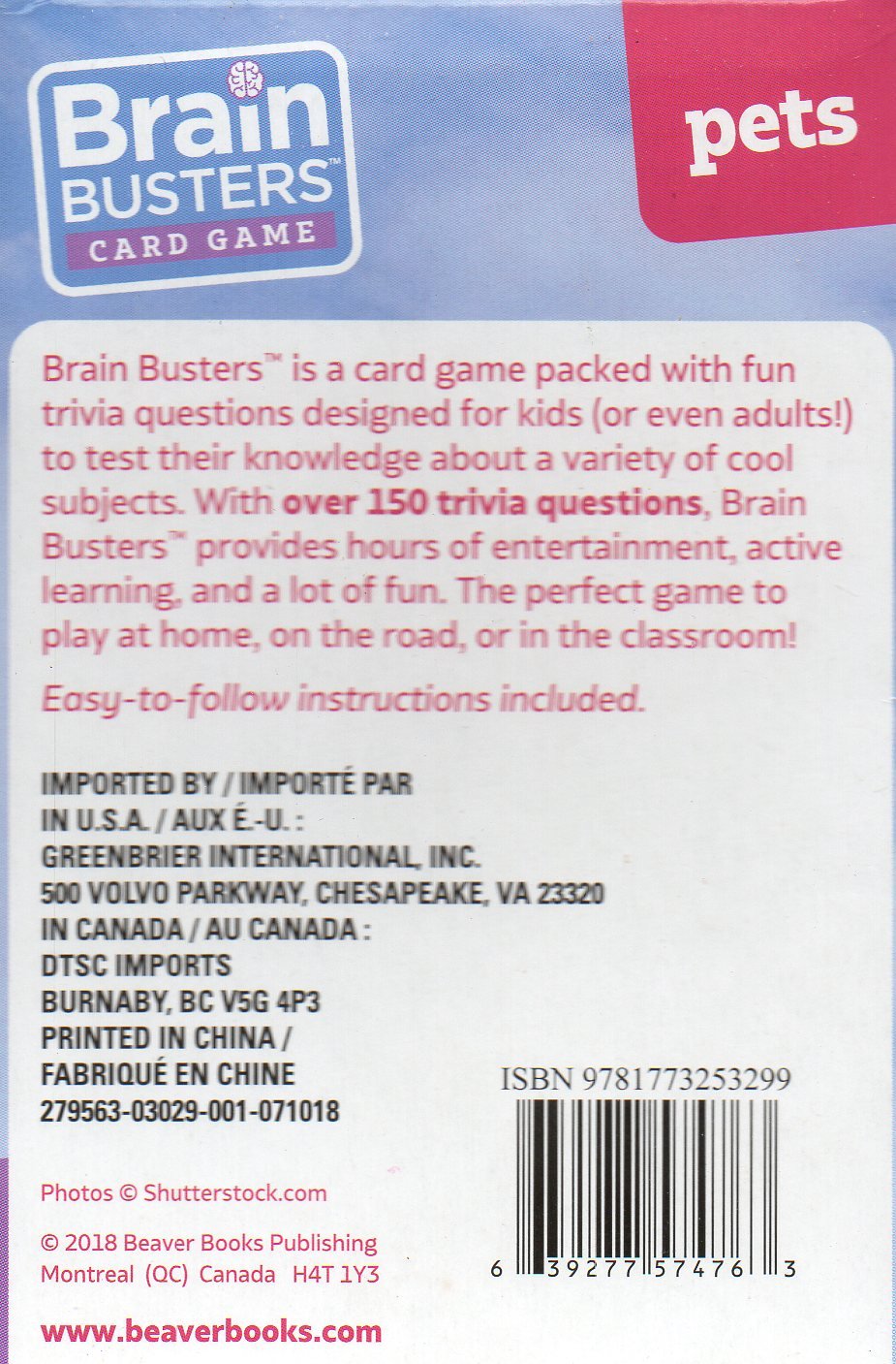 Brain Busters Card Game - Pets - with Over 150 Trivia Questions ...