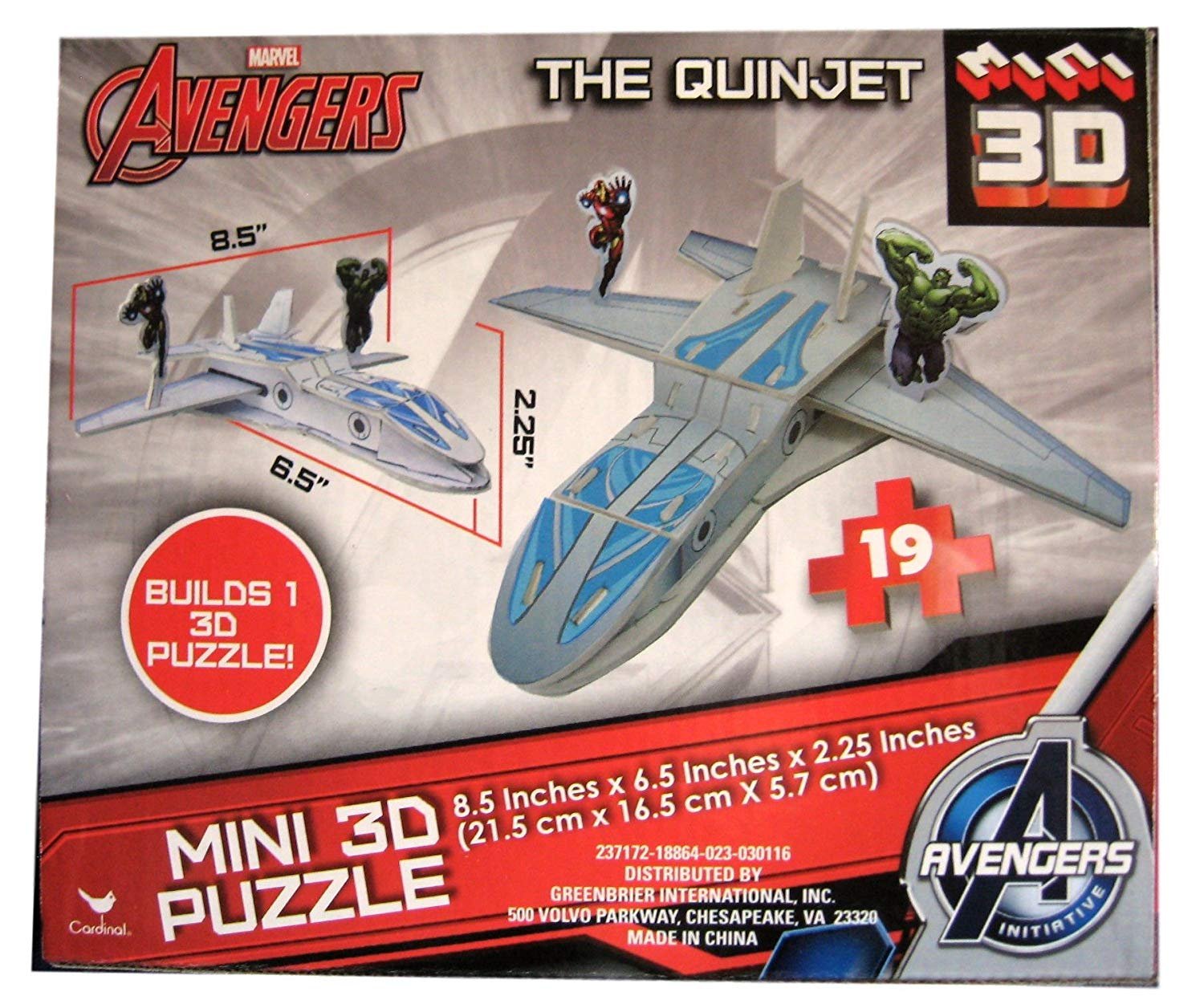 Marvel Avengers The Quinjet Mini 3D Puzzle Ages 6+ 19 Pieces Hulk Iron Man