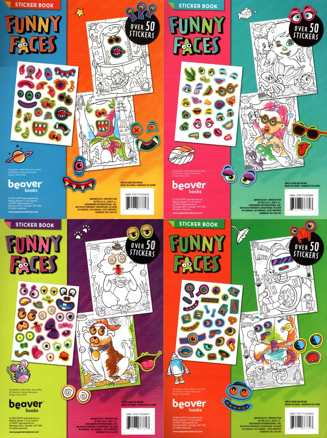 Funny Faces - Coloring Book - Over 50 Stickers - Robots, Pets, Mermaids ...