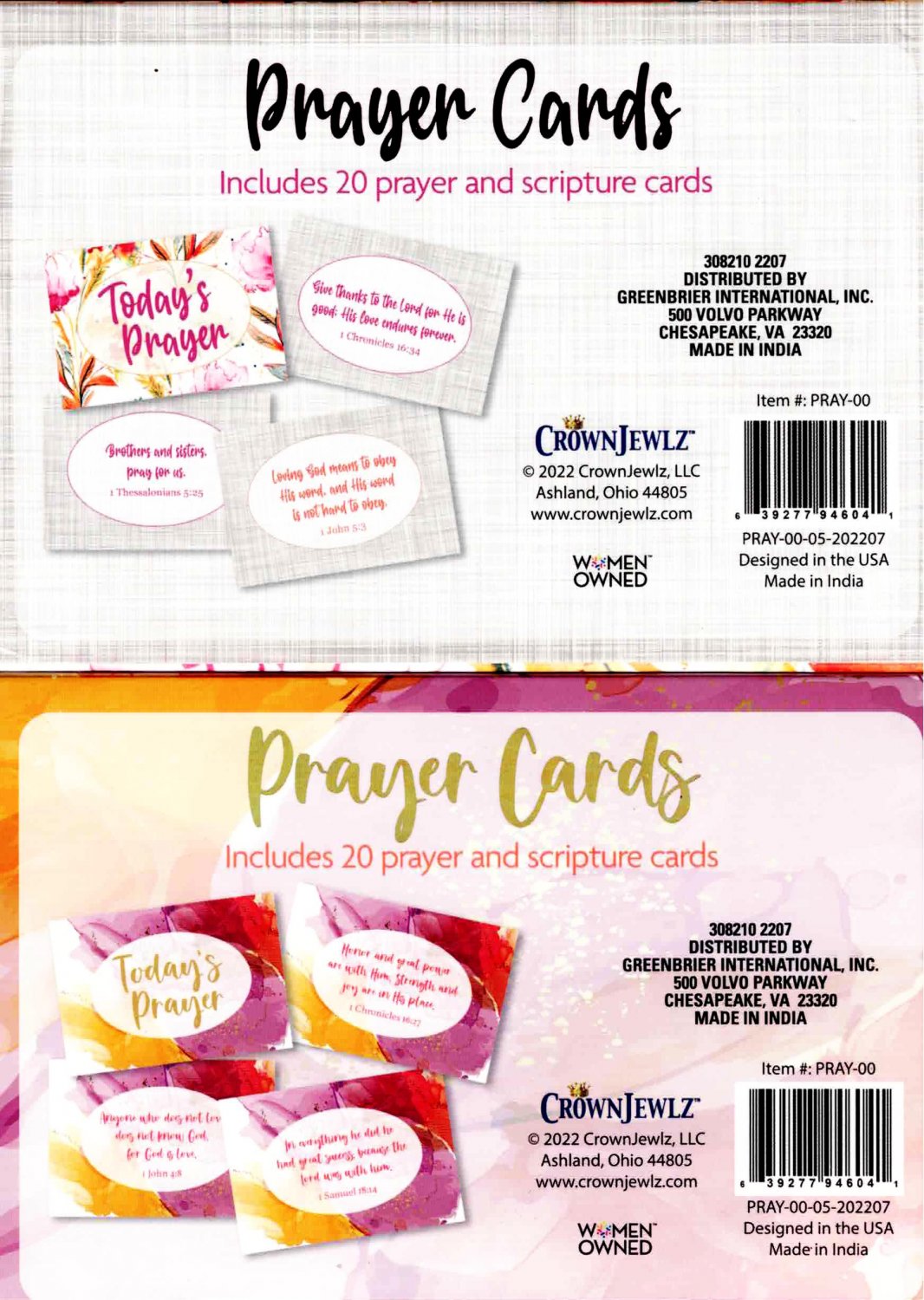 CrownJewlz Christian Floral Prayer Cards, 2 Assorted Sets (20 ct each) v3