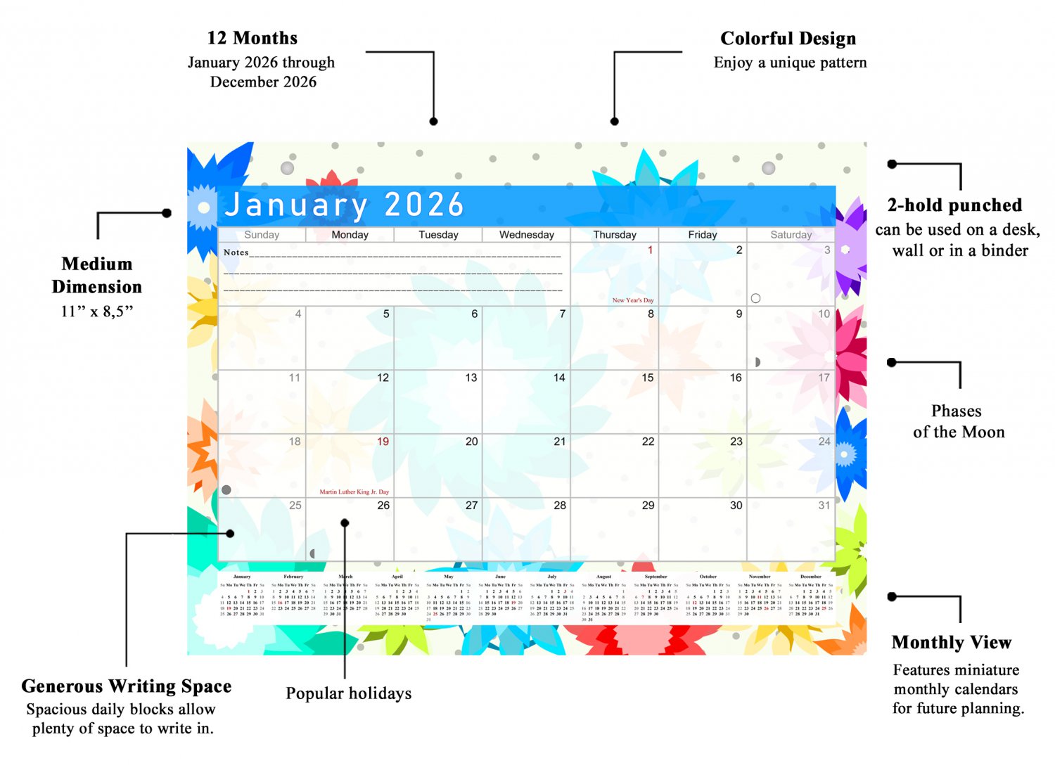 2026 Calendar 12 Months Student Calendar / Planner for 3-Ring Binder - v001