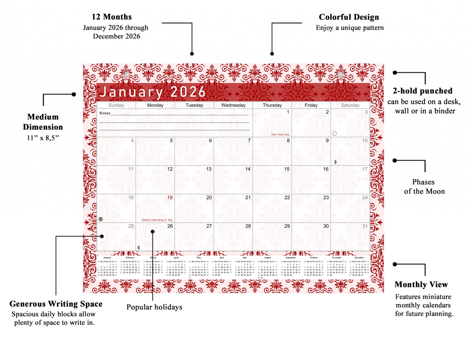 2026 Calendar 12 Months Student Calendar / Planner for 3-Ring Binder - v005