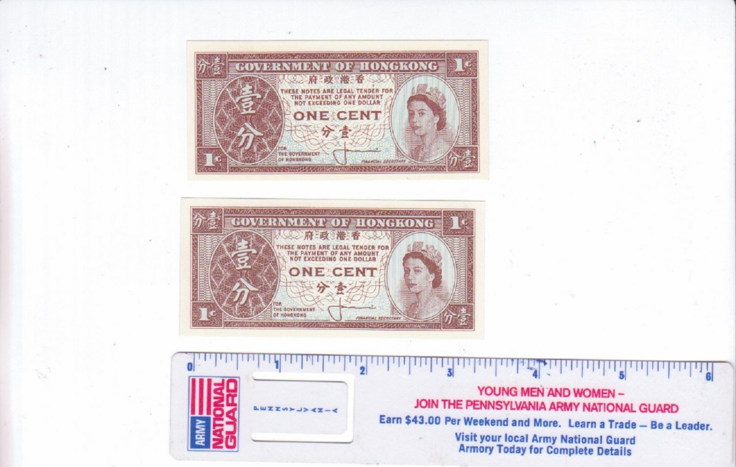 2 Government of Hong Kong Small Bank Notes 1 Cent Queen Elizabeth