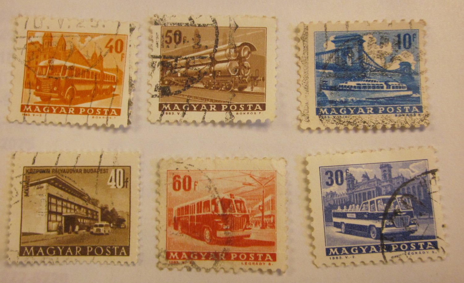 STAMP 6 Transportation Stamps 1963 Bus Train Boat Hungary MAGYAR POSTA ...
