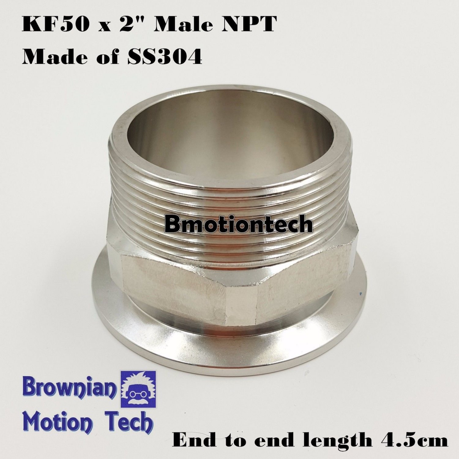 Adapter KF50 Flange to 2" Male NPT, SS 304, vacuum fitting, MNPT w/ Hex nut