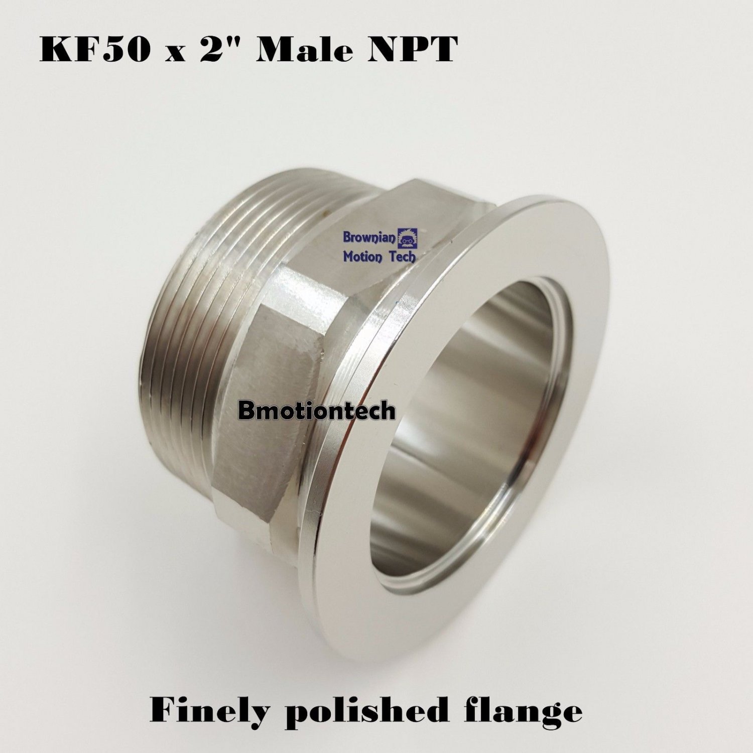 Adapter KF50 Flange to 2" Male NPT, SS 304, vacuum fitting, MNPT w/ Hex nut