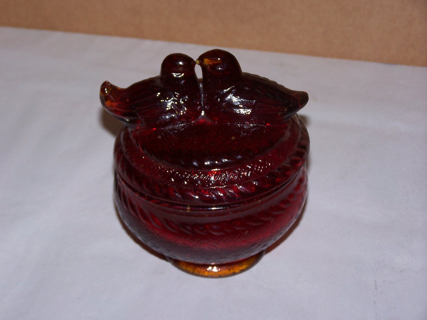 two birds red glass dish trinket box avon