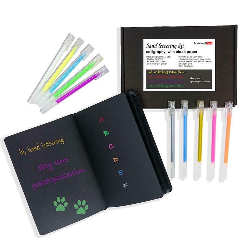 Hand Lettering Calligraphy Kit: Black Paper Journal Pad with 10 Color ...